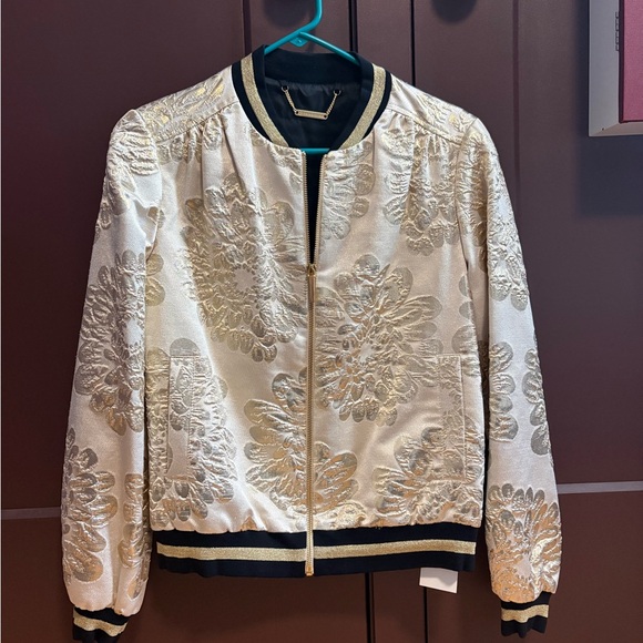 Trina Turk | Jackets & Coats | Trina Turk Champagne Gold Floral Bomber ...